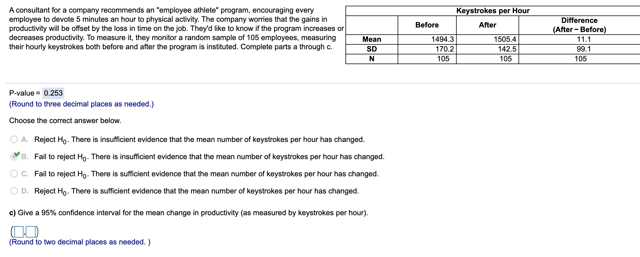 Solved Keystrokes per Hour Before After A consultant for a | Chegg.com