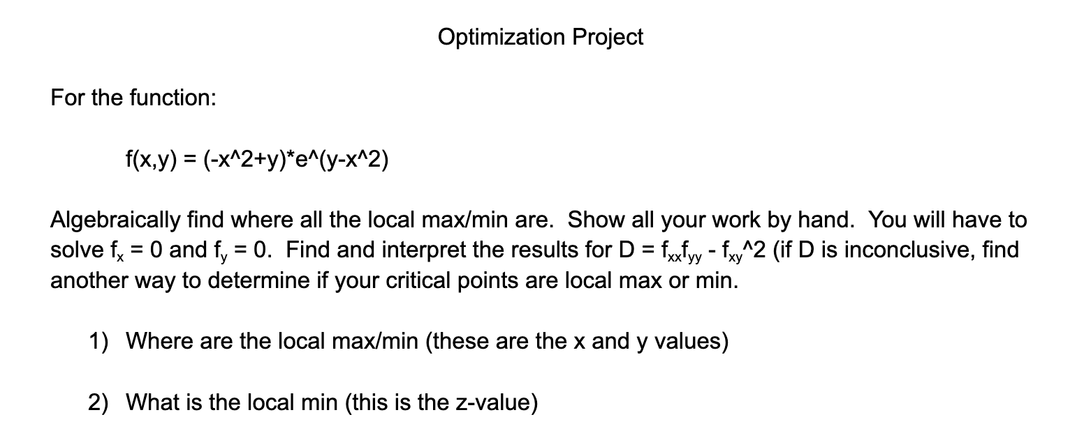 Solved Optimization Project For the function: | Chegg.com