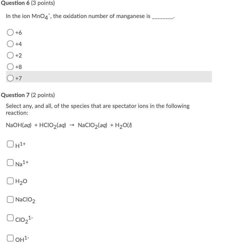 Solved Question 6 (3 points) In the ion Mn04 , the oxidation | Chegg.com