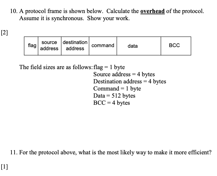 Solved 10. A protocol frame is shown below. Calculate the | Chegg.com