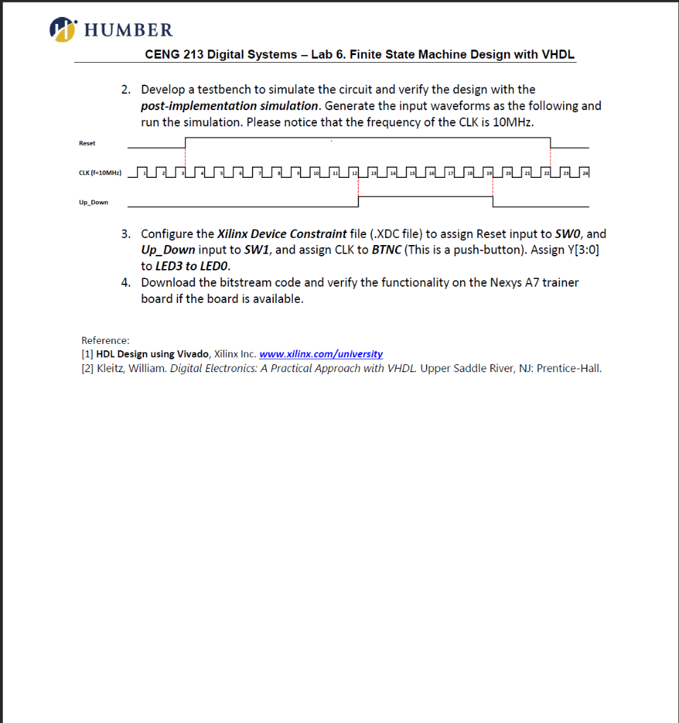 HUMBER CENG 213 Digital Systems - Lab 6. Finite State | Chegg.com