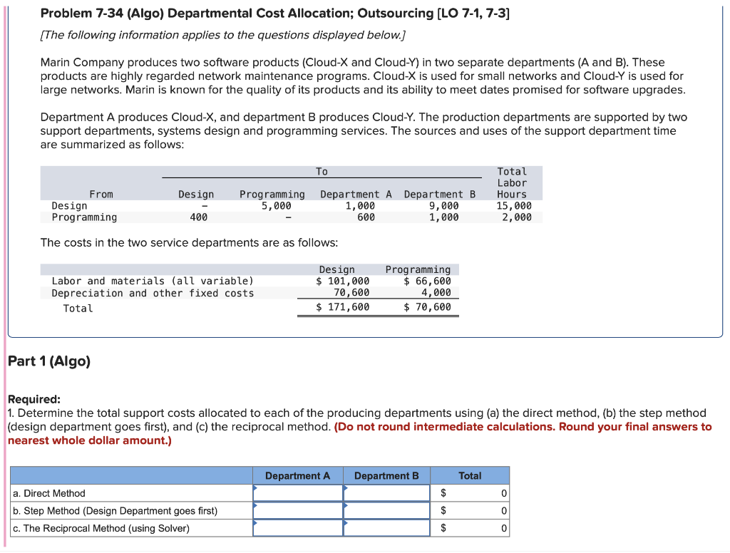 Solved Problem 7-34 (Algo) Departmental Cost Allocation; | Chegg.com