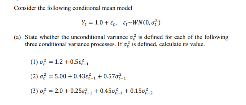 Consider the following conditional mean model Yt = | Chegg.com