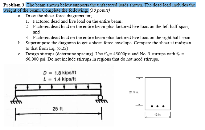 Solved Problem 3: The beam shown below supports the | Chegg.com