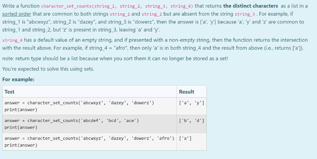 Solved Write a function character_set_counts(string_1, | Chegg.com
