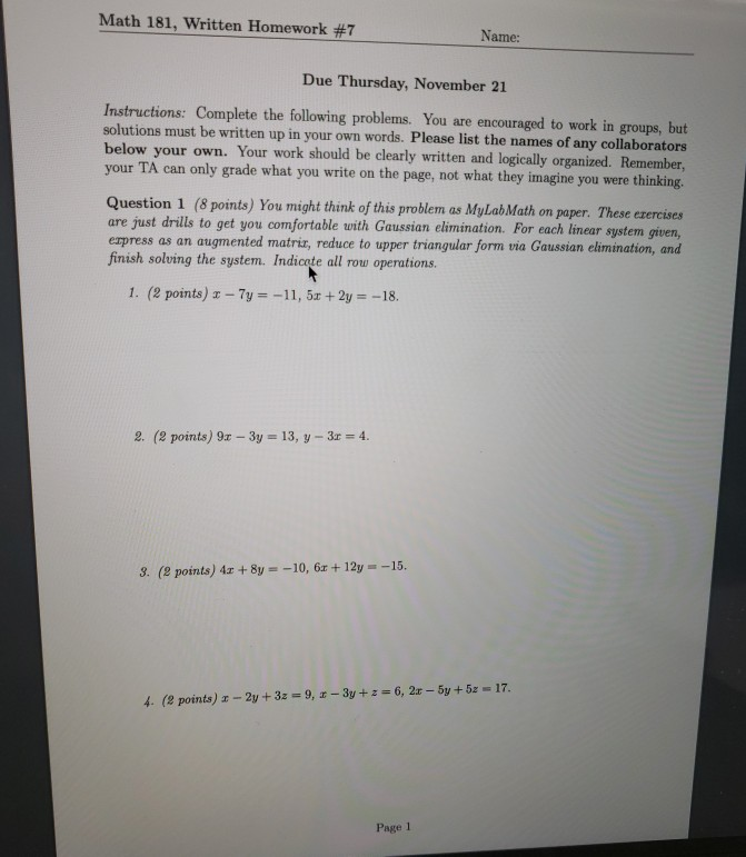 Solved Math 181, Written Homework #7 Name: Due Thursday, | Chegg.com