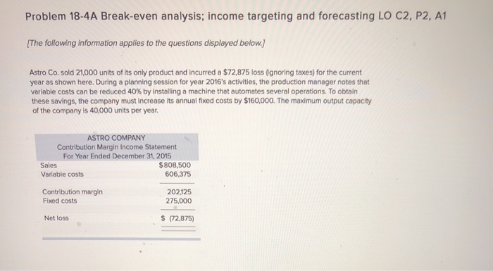 Solved Problem 18-4A Break-even analysis; income targeting | Chegg.com
