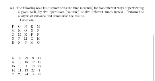 Solved 4.1 The following 5x5 latin square tests the time | Chegg.com