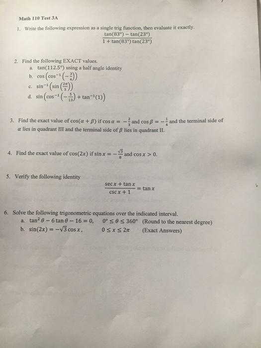 Solved Math 110 Test 3A 1. Write the following expression as | Chegg.com
