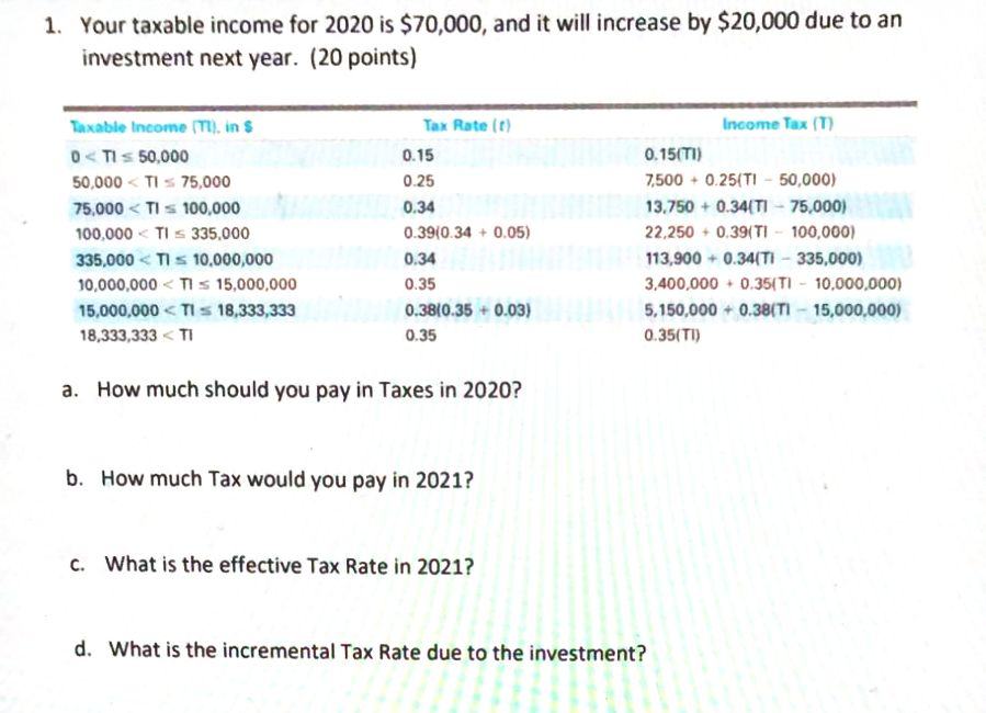 Solved 1. Your taxable income for 2020 is $70,000, and it | Chegg.com