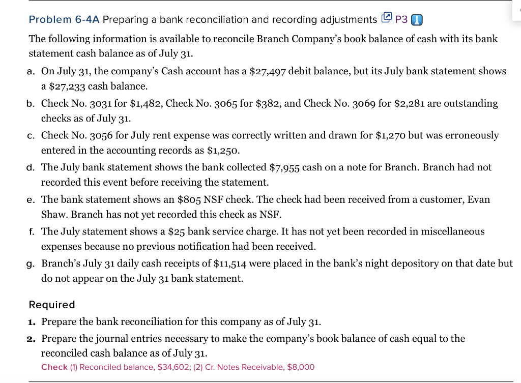 Solved Problem 6-4A Preparing a bank reconciliation and | Chegg.com