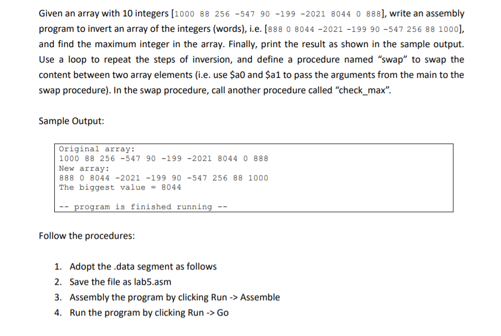 Solved Given an array with 10 integers (1000 88 256 -547 90 | Chegg.com