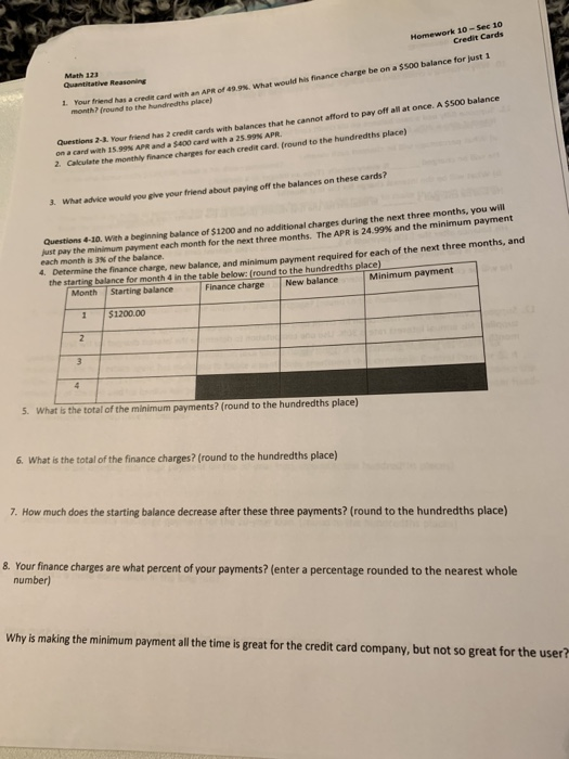 Solved Credit Cards Math 123 Reasoning balance for just 1 | Chegg.com