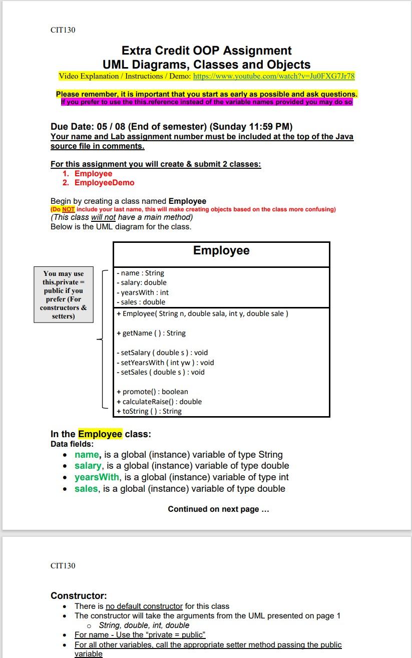 Solved CIT130 Extra Credit OOP Assignment UML Diagrams, | Chegg.com