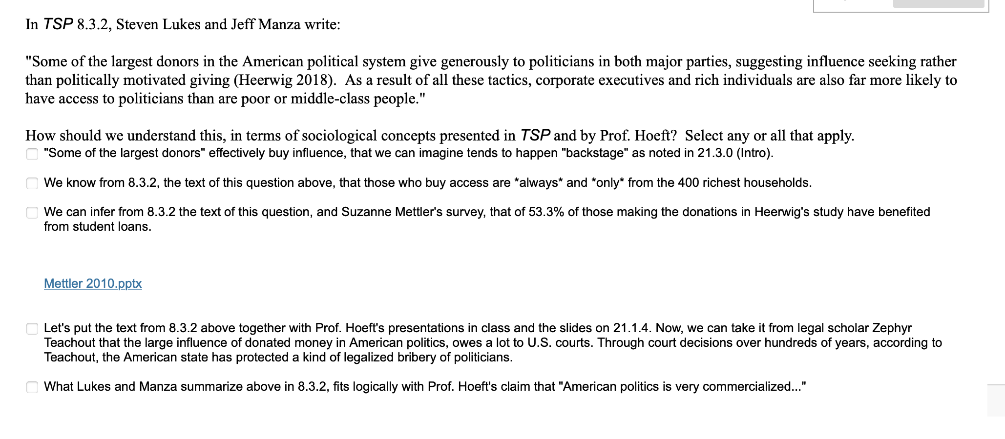 In TSP 8.3.2, Steven Lukes and Jeff Manza write: | Chegg.com