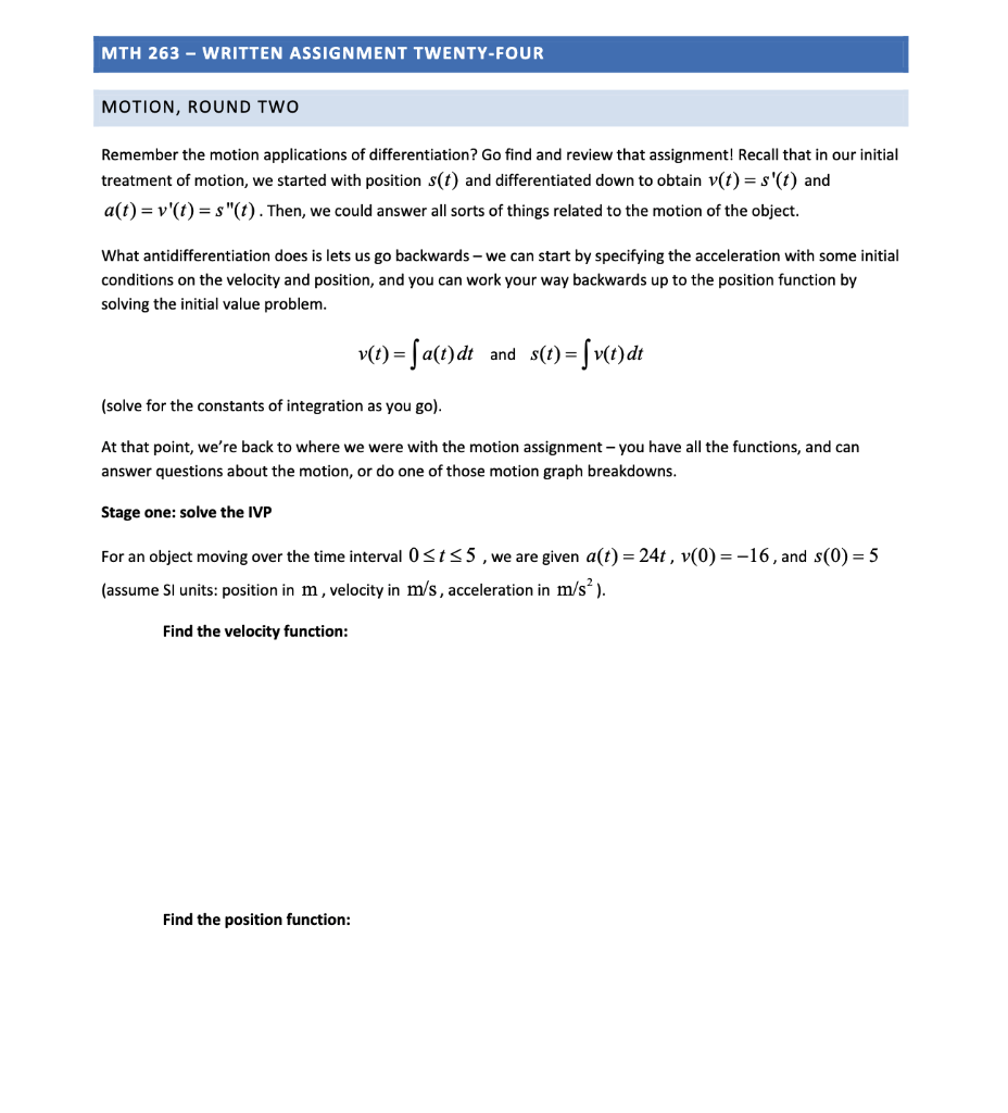 Solved MTH 263 - WRITTEN ASSIGNMENT TWENTY-FOUR MOTION, | Chegg.com