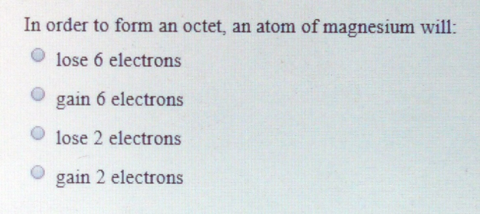 Solved In order to form an octet, an atom of magnesium will: | Chegg.com