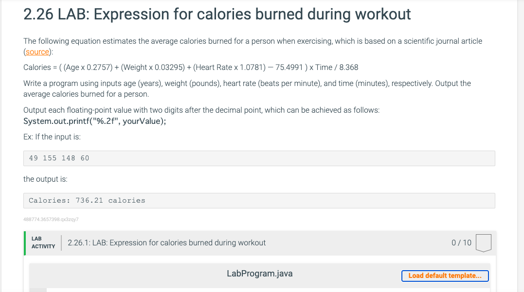 Solved 2.26 LAB: Expression for calories burned during | Chegg.com