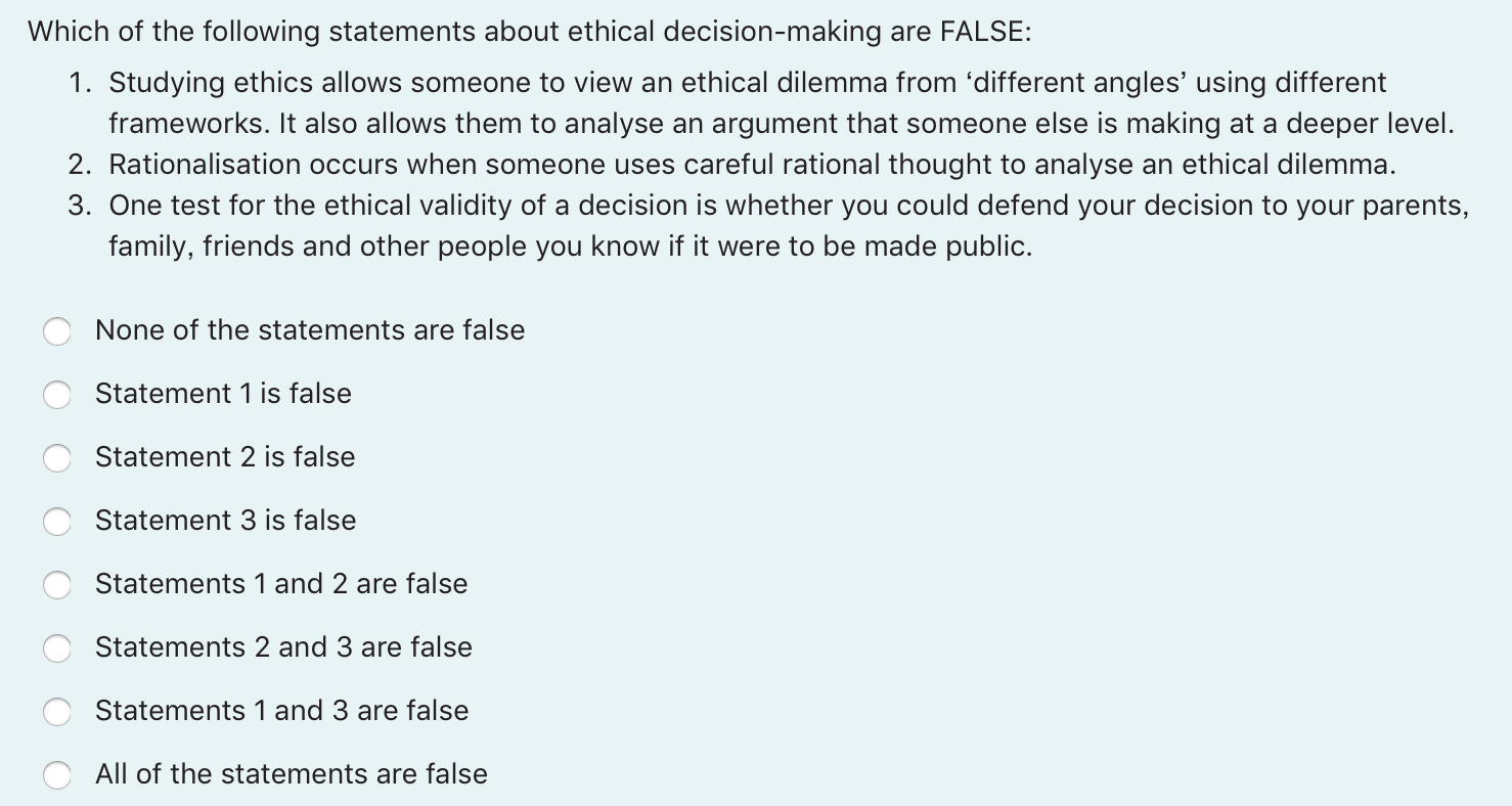 Solved Which of the following statements about ethical | Chegg.com