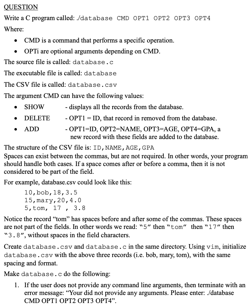 QUESTION Write a C program called: ./database CMD | Chegg.com