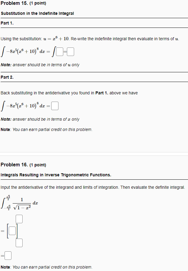 Solved Problem 15. (1 point) Substitution in the Indefinite | Chegg.com