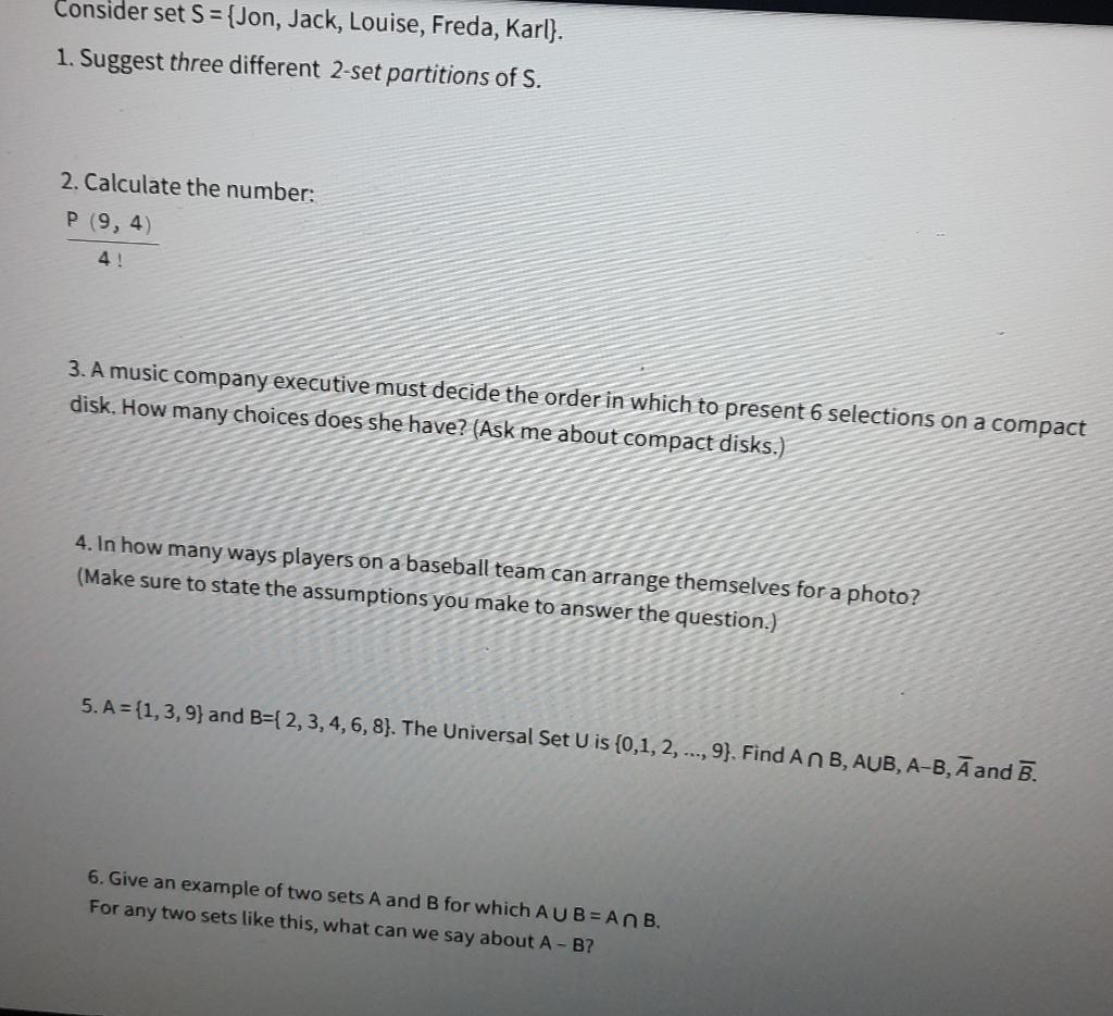 Solved Consider set S={Jon, Jack, Louise, Freda, Karl). 1. | Chegg.com