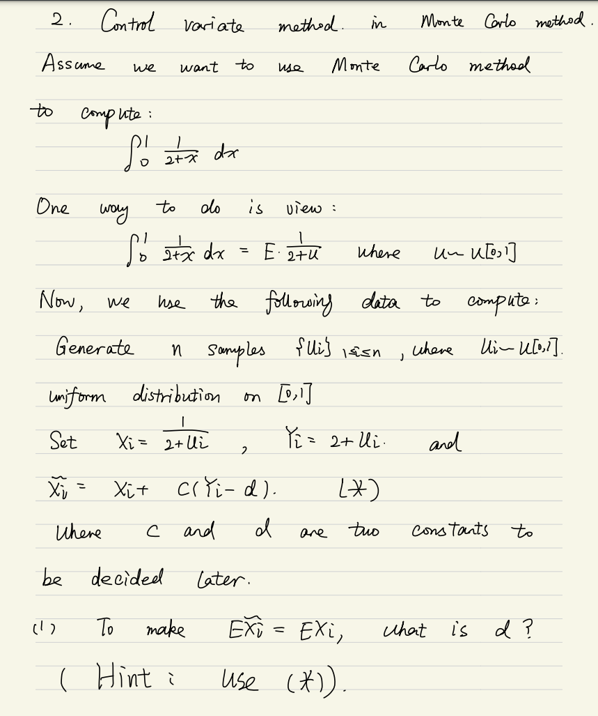 Solved 2 Control Variate Methed In Monte Carlo Method