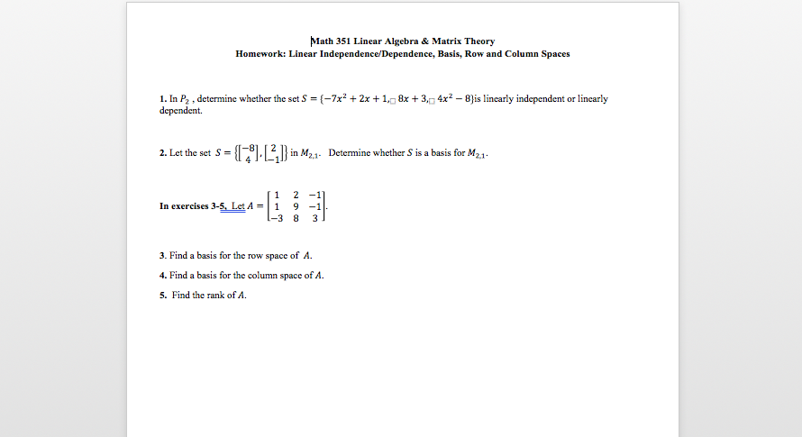 Solved Math 351 Linear Algebra & Matrix Theory Homework: | Chegg.com