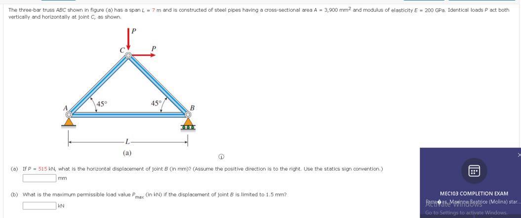 Solved The three-bar truss ABC shown in figure (a) has a | Chegg.com