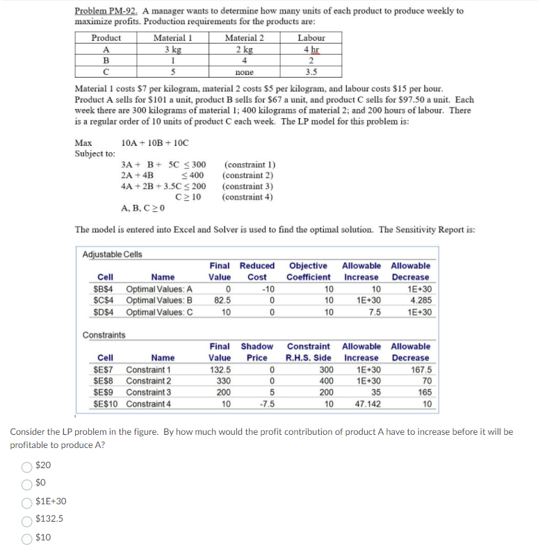 Solved 3 kg 1 5 Problem PM-92. A manager wants to determine | Chegg.com