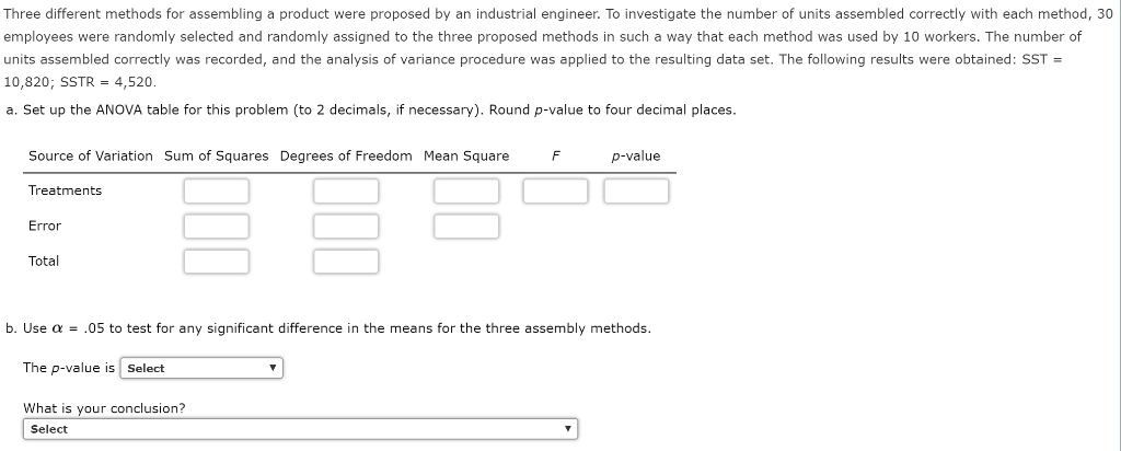 Solved Three different methods for assembling a product were | Chegg.com