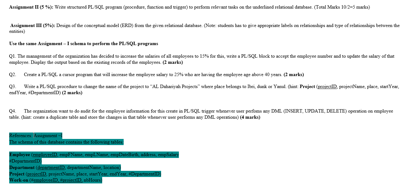 Solved Assignment II (5 %): Write structured PL/SQL program | Chegg.com