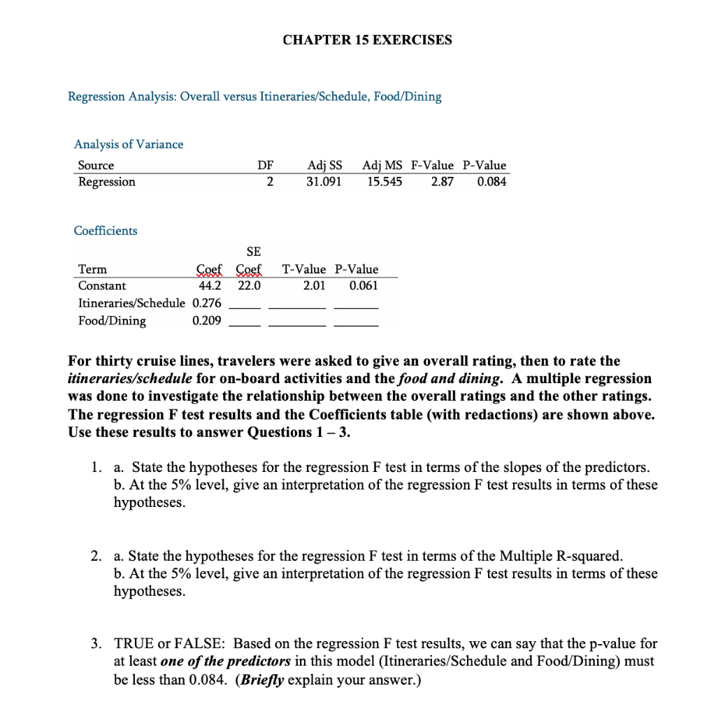 CHAPTER 15 EXERCISES Regression Analysis: Overall | Chegg.com