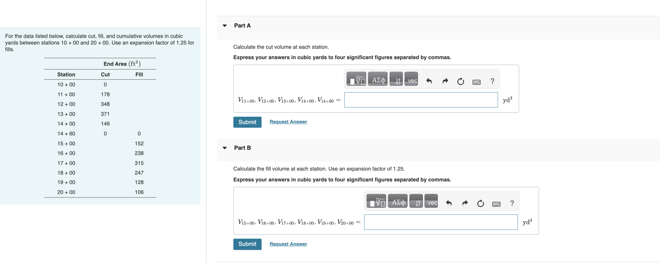 Solved For the data listed below, calculate cut, fill, and | Chegg.com