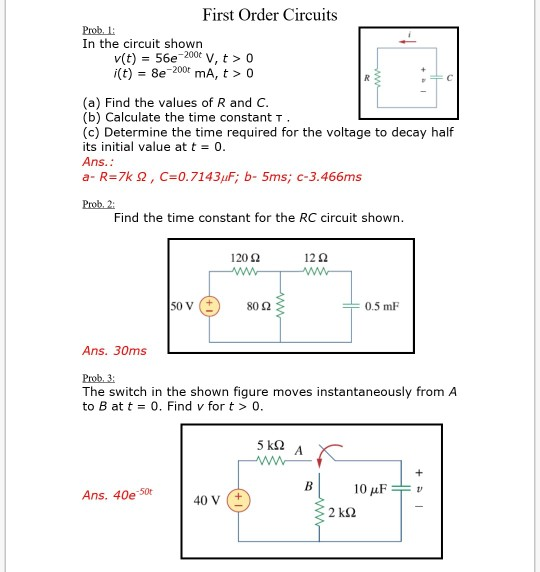 Solved First Order Circuits Prob. 1 In the circuit shown | Chegg.com