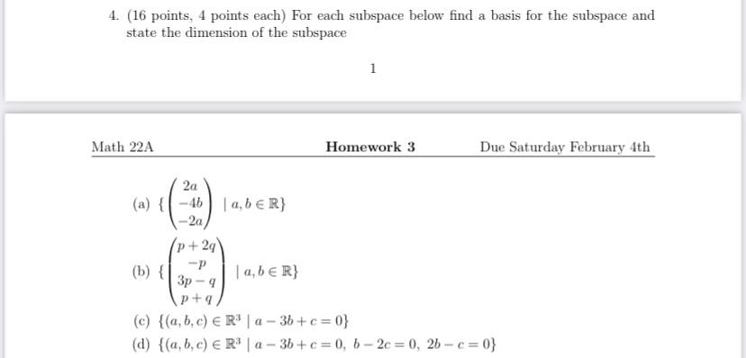 Solved 4. (16 points, 4 points each) For each subspace below | Chegg.com