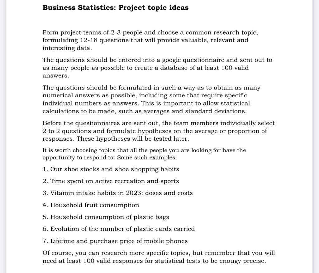 Solved Business Statistics: Project topic ideas Form project | Chegg.com