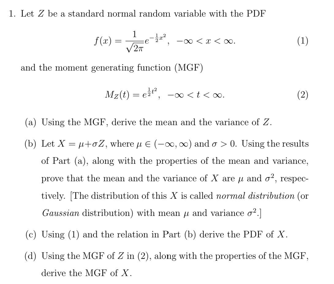 Solved 1. Let Z be a standard normal random variable with | Chegg.com
