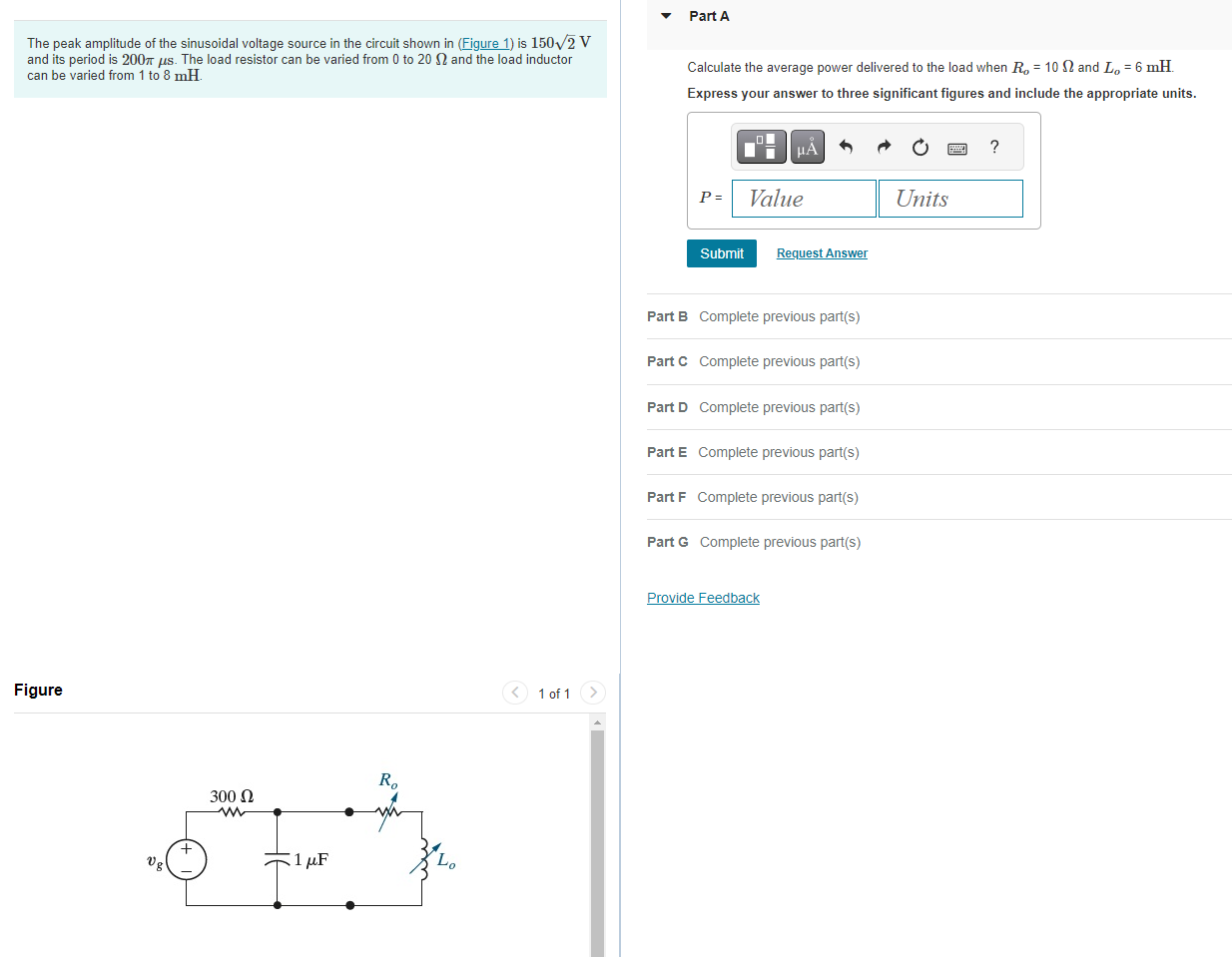 Solved The peak amplitude of the sinusoidal voltage source | Chegg.com