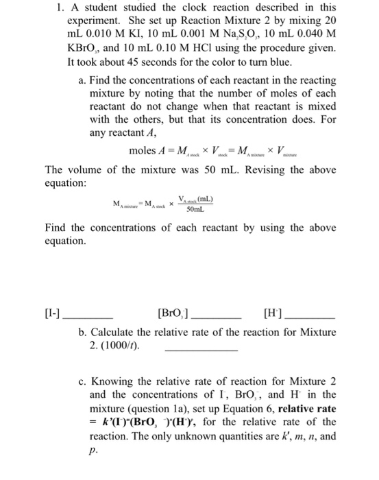 1. A student studied the clock reaction described in | Chegg.com