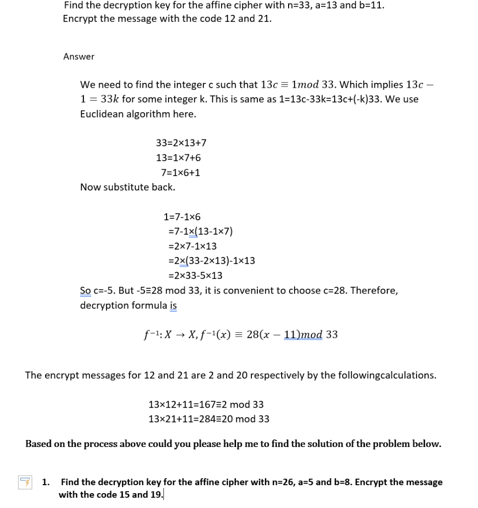 Solved Find the decryption key for the affine cipher with | Chegg.com
