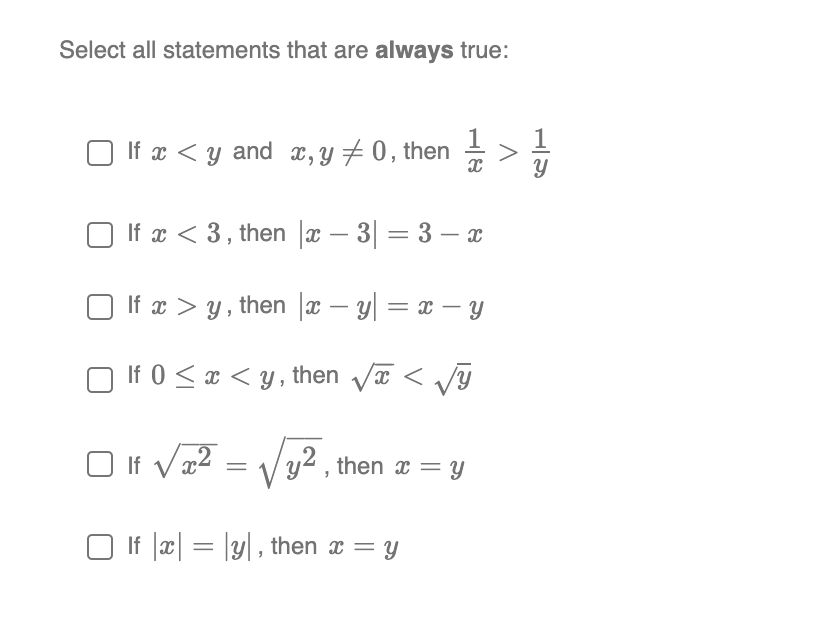 Solved Select all statements that are always true: If xy1 If | Chegg.com