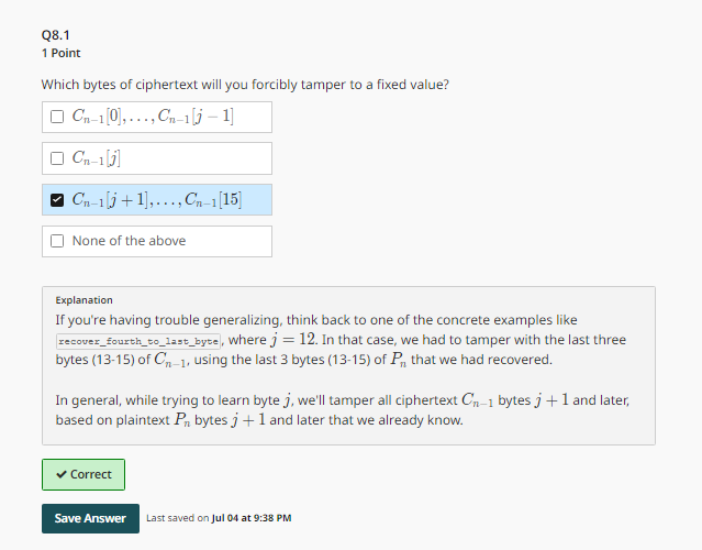 Solved Q8 Padding Oracle Attack Part 8: Recovering All Bytes | Chegg.com