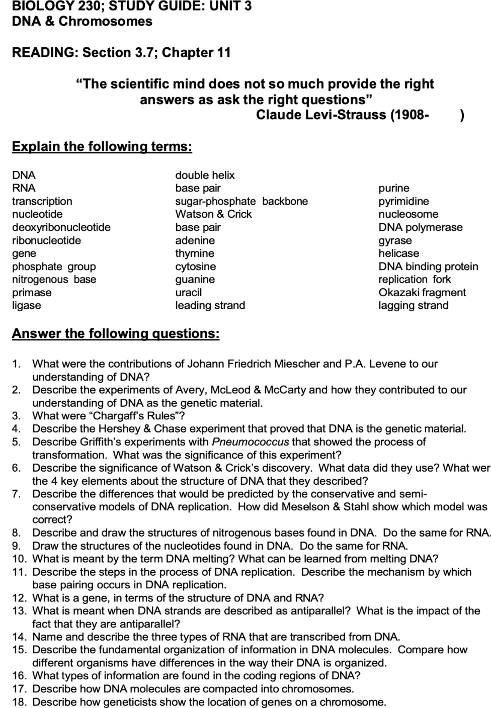 BIOLOGY 230; STUDY GUIDE: UNIT 3 DNA \& Chromosomes | Chegg.com