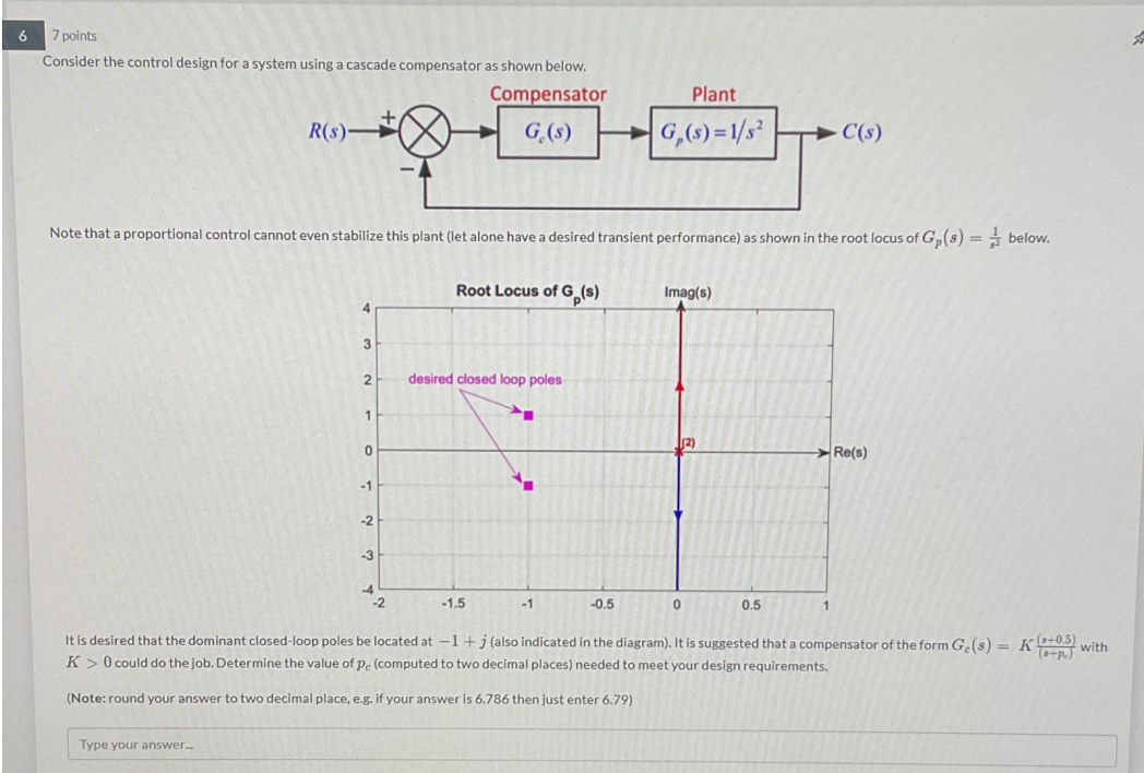 Solved 6 7 points Consider the control design for a system | Chegg.com