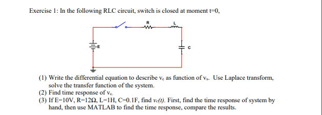 Solved Exercise 1: In the following RLC circuit, switch is | Chegg.com