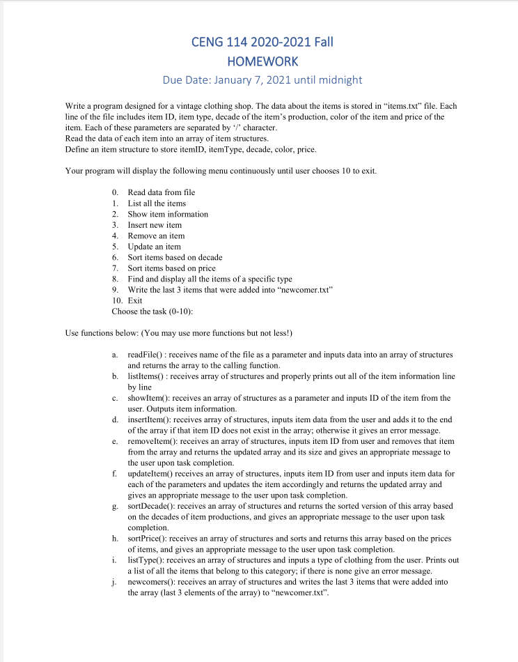 CENG 114 2020-2021 Fall HOMEWORK Due Date: January 7, | Chegg.com