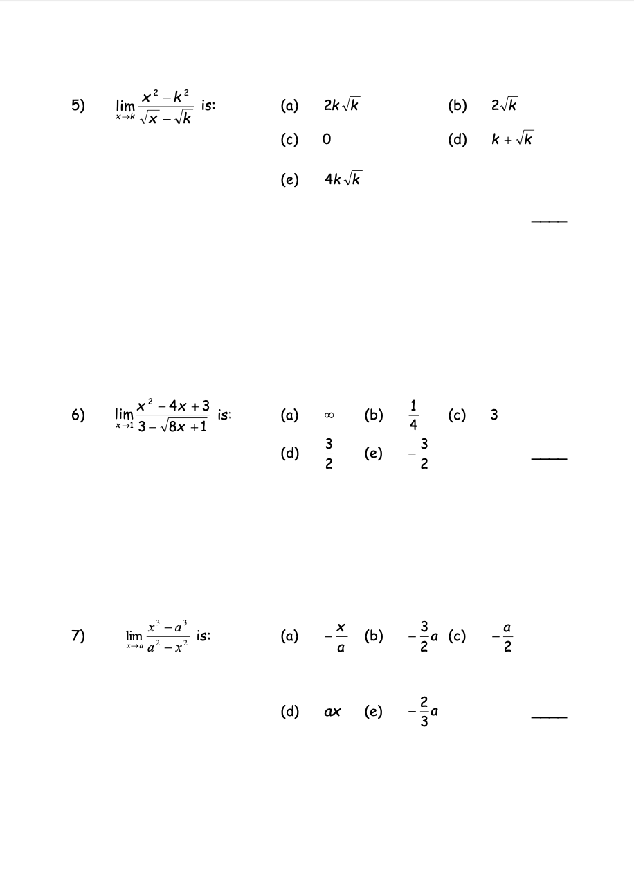 Solved PreCalculus Test: Limits Name Day 7 1) k? - 2k - 15 | Chegg.com