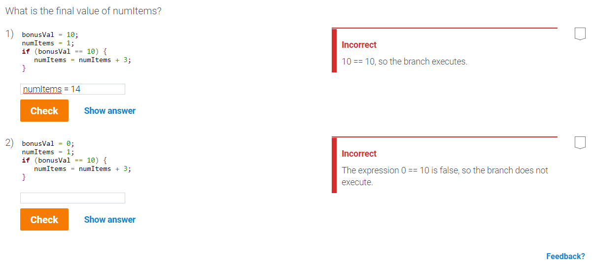 Solved What is the final value of numitems? Incorrect 1) | Chegg.com