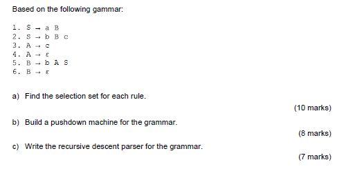 Solved Based on the following gammar: 1. S→aB 2. $→b bc 3. | Chegg.com
